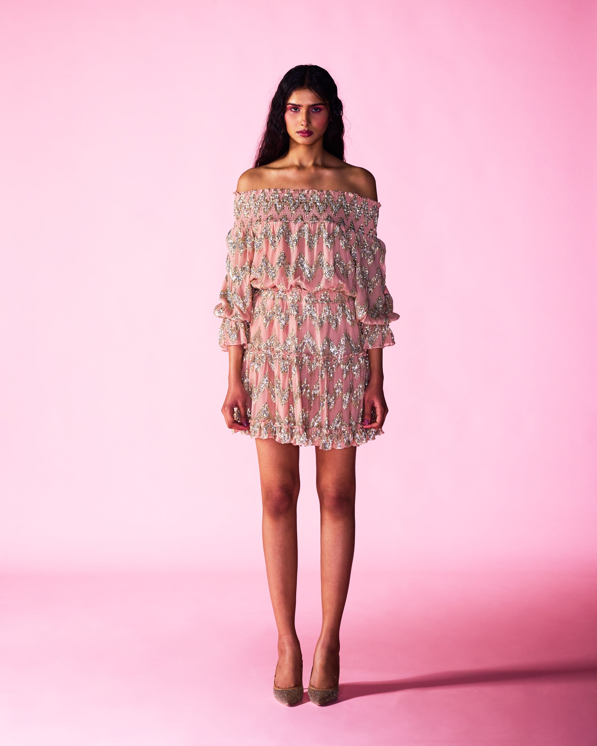 Pink Chevron Off Shoulder Dress – Kangana Trehan