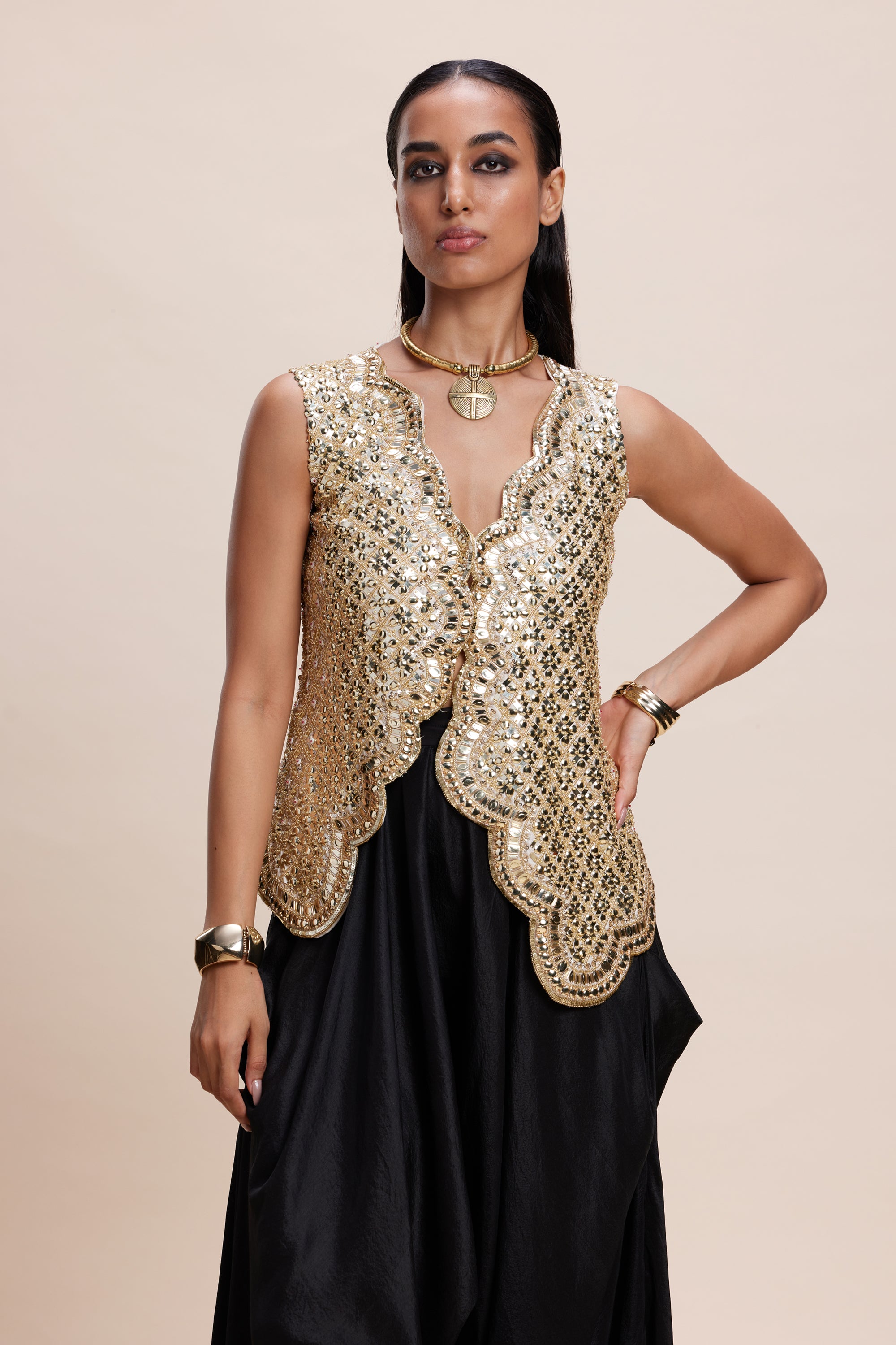 Golden Embellished Jacket and Black Dhoti Set (with Cape) – Kangana Trehan