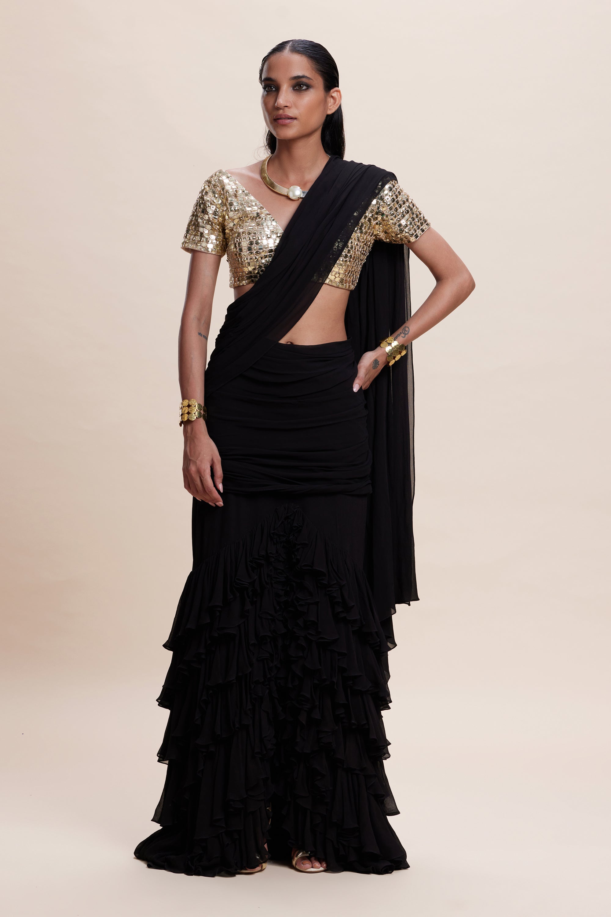 Black Ruffle Saree – Kangana Trehan