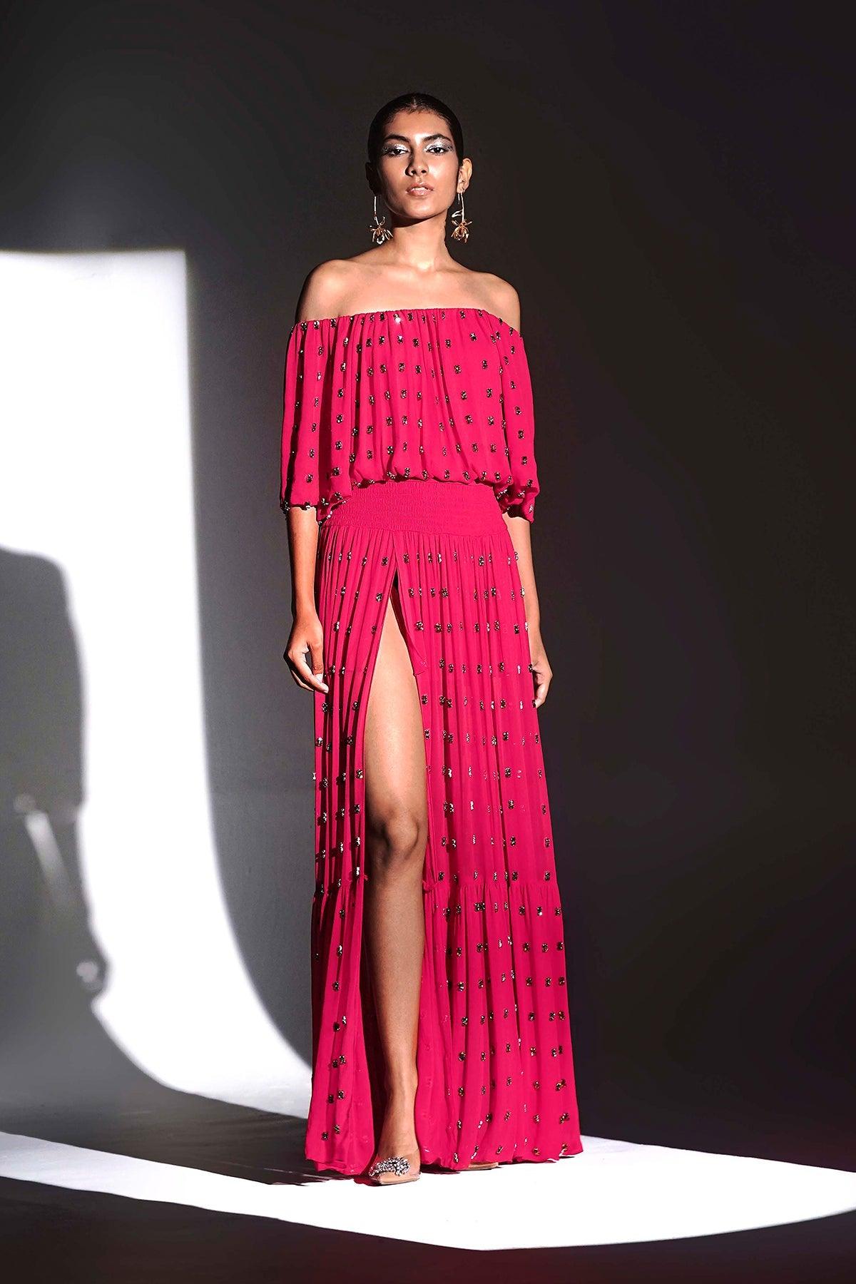 Buy Carrot Pink Off Shoulder Maxi Dress With Slits Online – Kangana Trehan